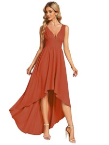 ever-pretty women's plus size ruched v neck a-line hi-lo summer bridesmaid dresses burnt orange us20