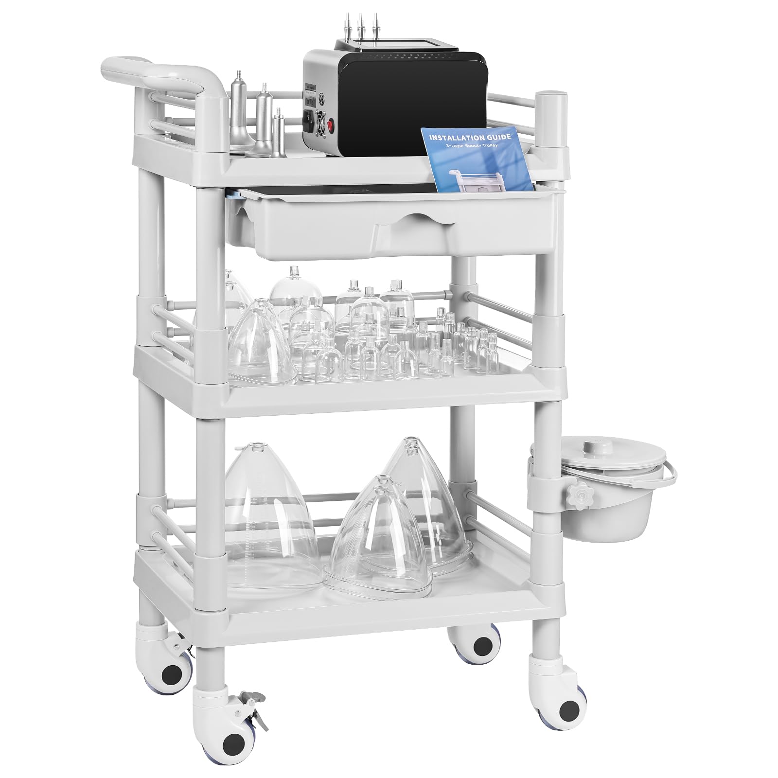 Meifuly Beauty Trolley Cart with Wheels, Vacuum Therapy Machine Trolley with Handrail, Bucket and Big Drawer, 3 Tier Heavy Duty Beauty Cart, Load 330lbs, 360° Rotate Silent Wheels