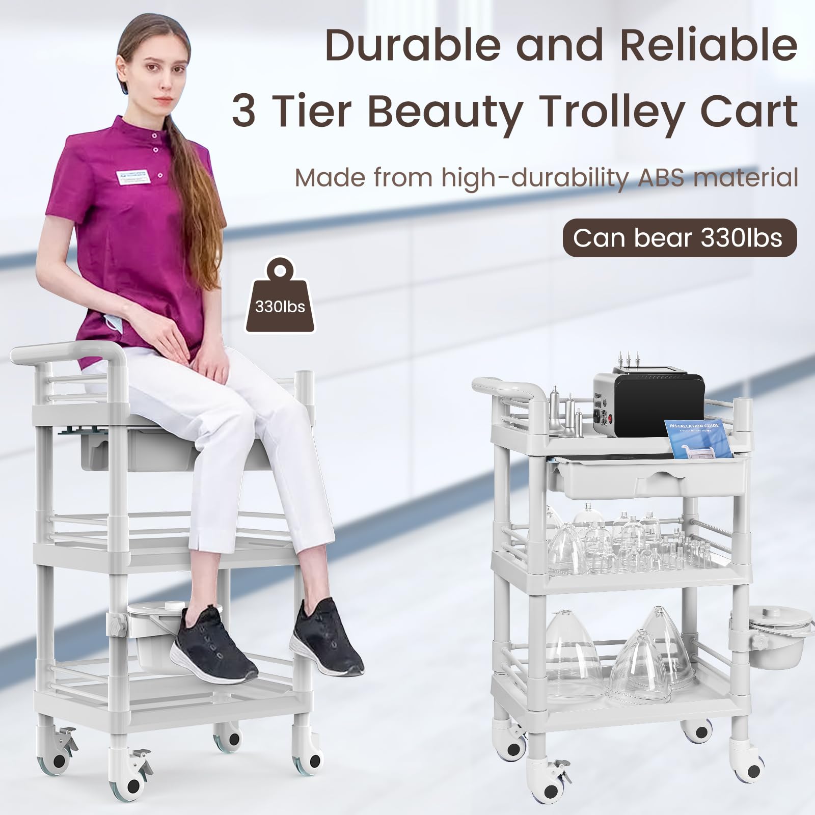 Meifuly Beauty Trolley Cart with Wheels, Vacuum Therapy Machine Trolley with Handrail, Bucket and Big Drawer, 3 Tier Heavy Duty Beauty Cart, Load 330lbs, 360° Rotate Silent Wheels