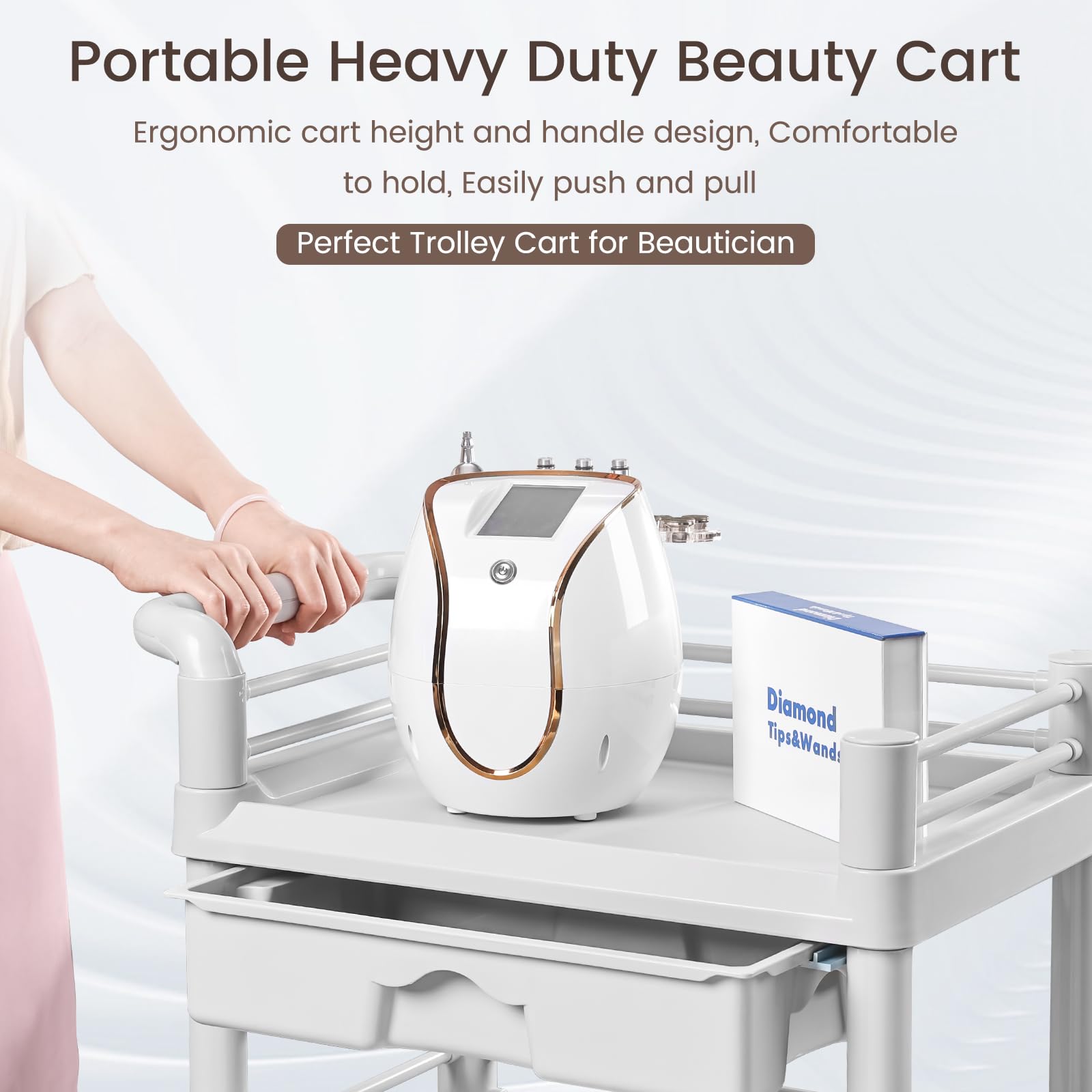 Meifuly Beauty Trolley Cart with Wheels, Vacuum Therapy Machine Trolley with Handrail, Bucket and Big Drawer, 3 Tier Heavy Duty Beauty Cart, Load 330lbs, 360° Rotate Silent Wheels