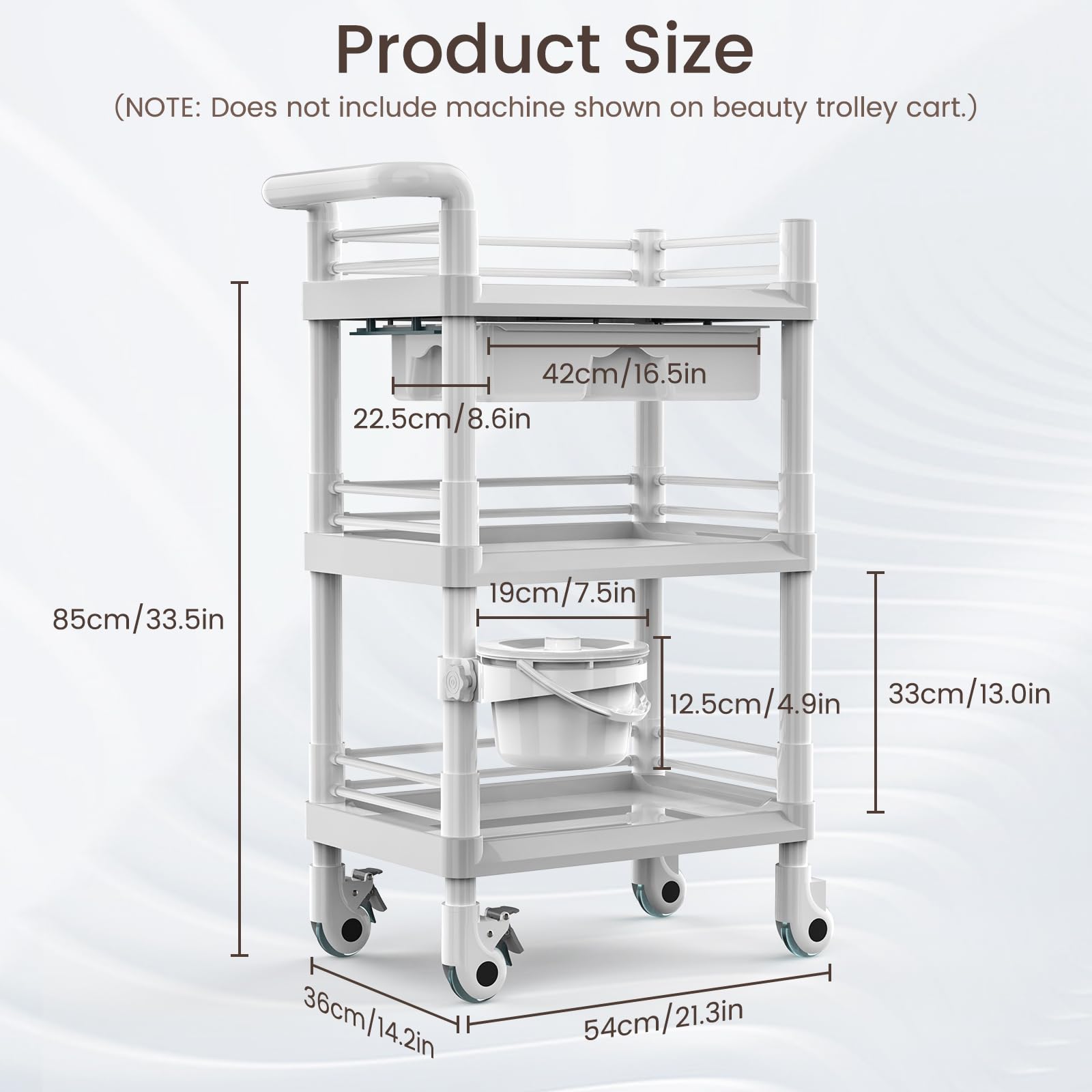 Meifuly Beauty Trolley Cart with Wheels, Vacuum Therapy Machine Trolley with Handrail, Bucket and Big Drawer, 3 Tier Heavy Duty Beauty Cart, Load 330lbs, 360° Rotate Silent Wheels