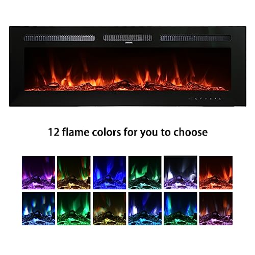 50 Inch Electric Fireplace Wall Mounted Linear LED Flame Fireplace with Remote Control,Timer,Touch Screen,Multicolor Flames,750/1500W Recessed in Wall Fireplace Heater for Living Room