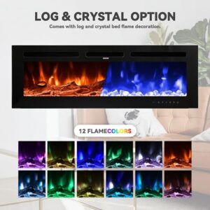 50 Inch Electric Fireplace Wall Mounted Linear LED Flame Fireplace with Remote Control,Timer,Touch Screen,Multicolor Flames,750/1500W Recessed in Wall Fireplace Heater for Living Room