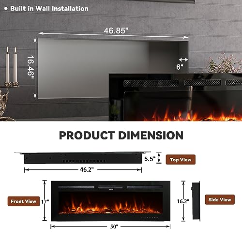 50 Inch Electric Fireplace Wall Mounted Linear LED Flame Fireplace with Remote Control,Timer,Touch Screen,Multicolor Flames,750/1500W Recessed in Wall Fireplace Heater for Living Room