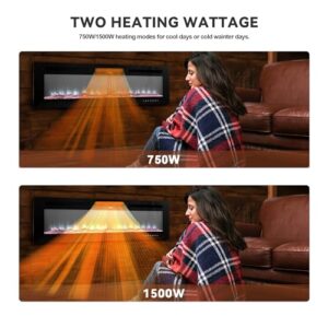 50 Inch Electric Fireplace Wall Mounted Linear LED Flame Fireplace with Remote Control,Timer,Touch Screen,Multicolor Flames,750/1500W Recessed in Wall Fireplace Heater for Living Room