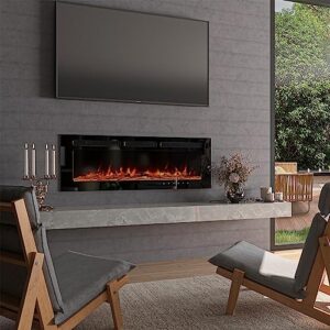 50 Inch Electric Fireplace Wall Mounted Linear LED Flame Fireplace with Remote Control,Timer,Touch Screen,Multicolor Flames,750/1500W Recessed in Wall Fireplace Heater for Living Room