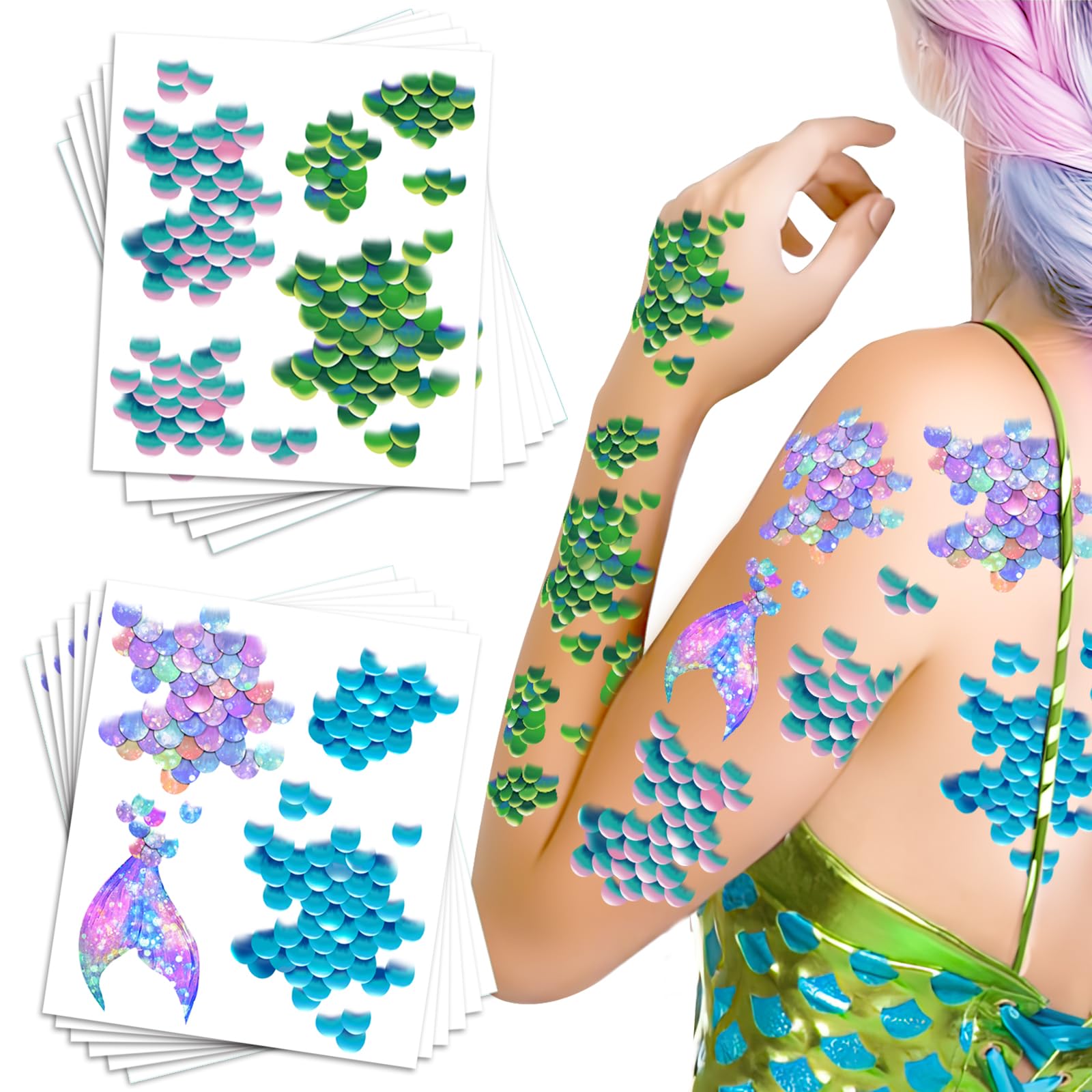 Mermaid Scale Temporary Tattoos Stickers,12 Sheets Mermaid Themed Tattoos Stickers Party Decoration Supplies Party favors for Kids Adults