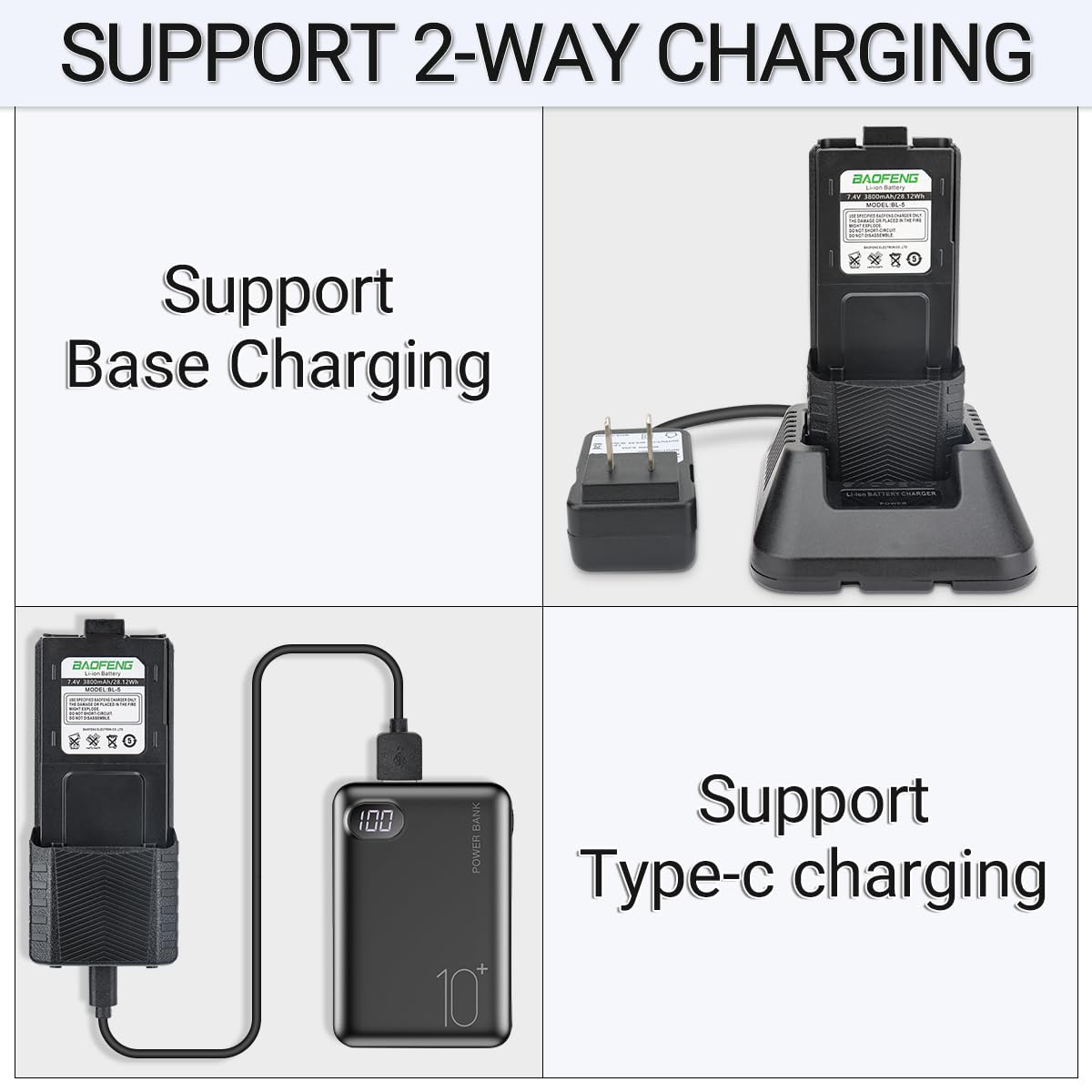 BAOFENG BL-5 3800mAh Extended Battery Walkie Talkie UV-5R BF-8HP UV-5RX3 RD-5R UV-5RTP UV-5R MK2 MK3X MK5 Plus Series Two Way Radios (UV-5R 3800+Type-C Charging Cable)