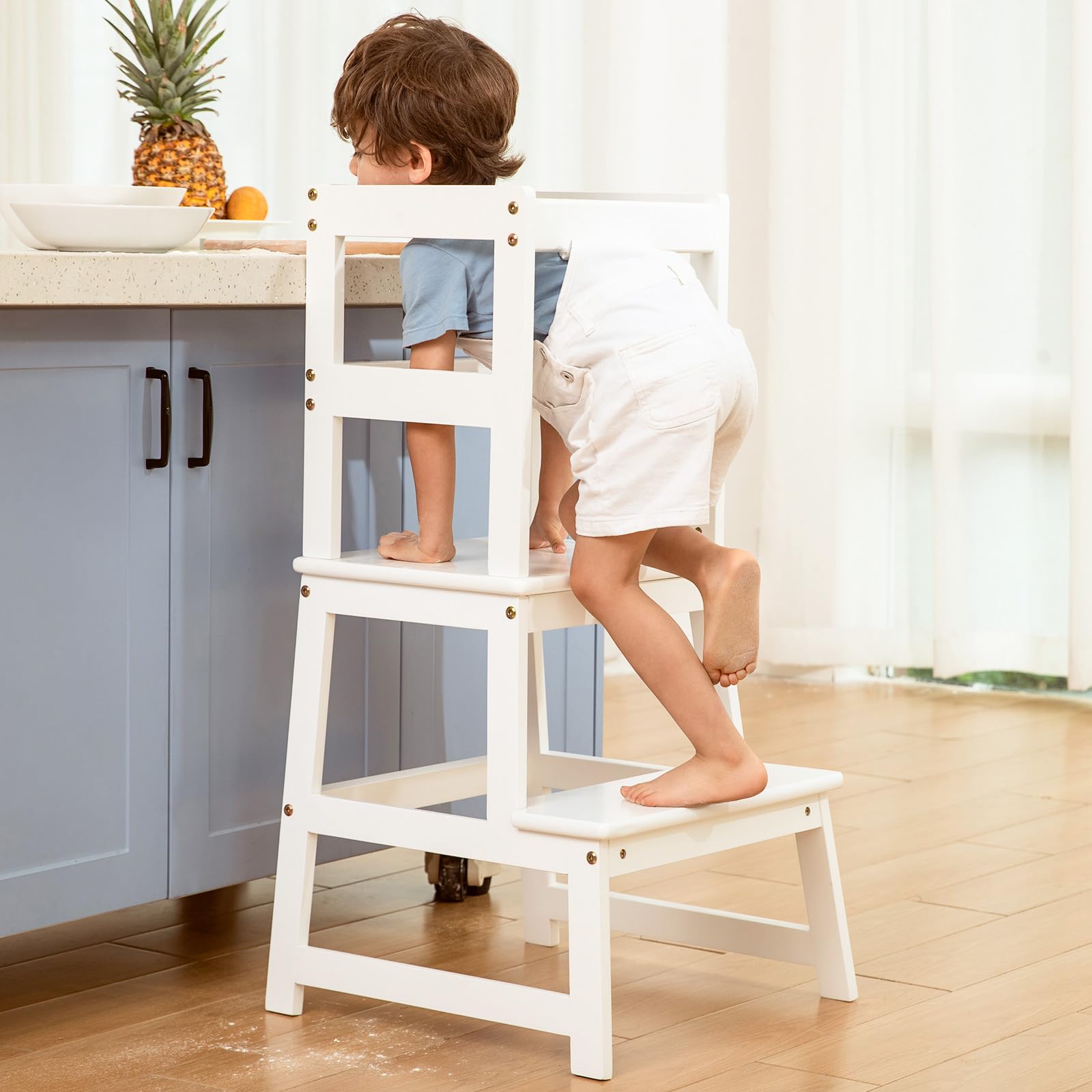 Kitchen Step Stool for Kids with Safety Rail,Solid Wood Construction Toddler Learning Stool, Montessori Toddlers Kitchen Stool Tower (White)