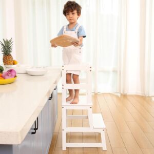 Kitchen Step Stool for Kids with Safety Rail,Solid Wood Construction Toddler Learning Stool, Montessori Toddlers Kitchen Stool Tower (White)