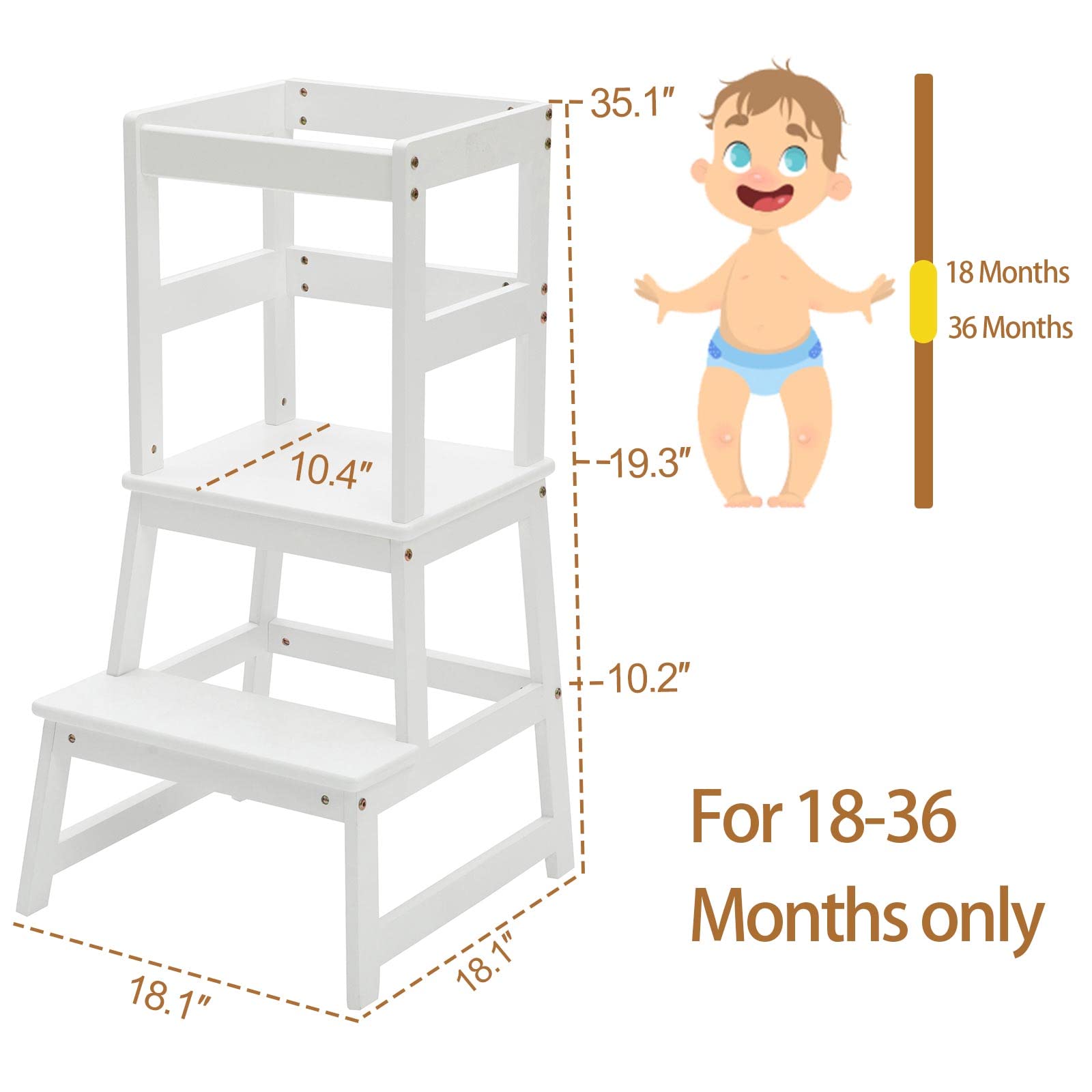 Kitchen Step Stool for Kids with Safety Rail,Solid Wood Construction Toddler Learning Stool, Montessori Toddlers Kitchen Stool Tower (White)