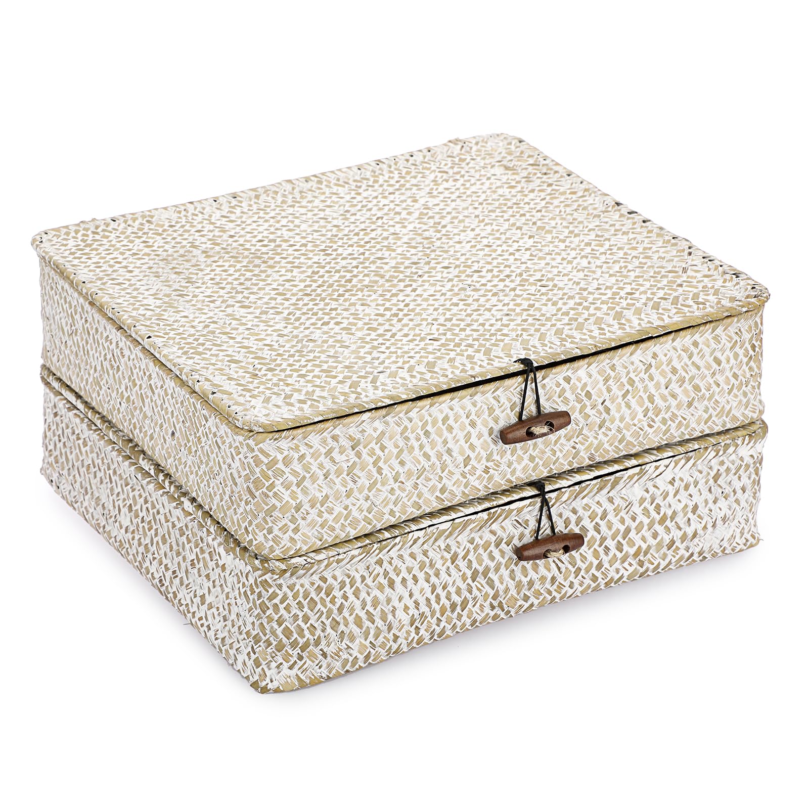 BTSKY 2 Pack Wicker Baskets With Lids Flat Woven Storage Bins for Shelf Organizing Natural Seagrass Storage Baskets with Lids Home Utility Organizer Box for Home & Office Supplies, Whitewash (Large)