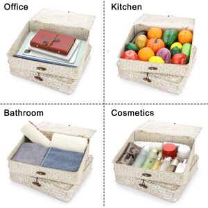 BTSKY 2 Pack Wicker Baskets With Lids Flat Woven Storage Bins for Shelf Organizing Natural Seagrass Storage Baskets with Lids Home Utility Organizer Box for Home & Office Supplies, Whitewash (Large)