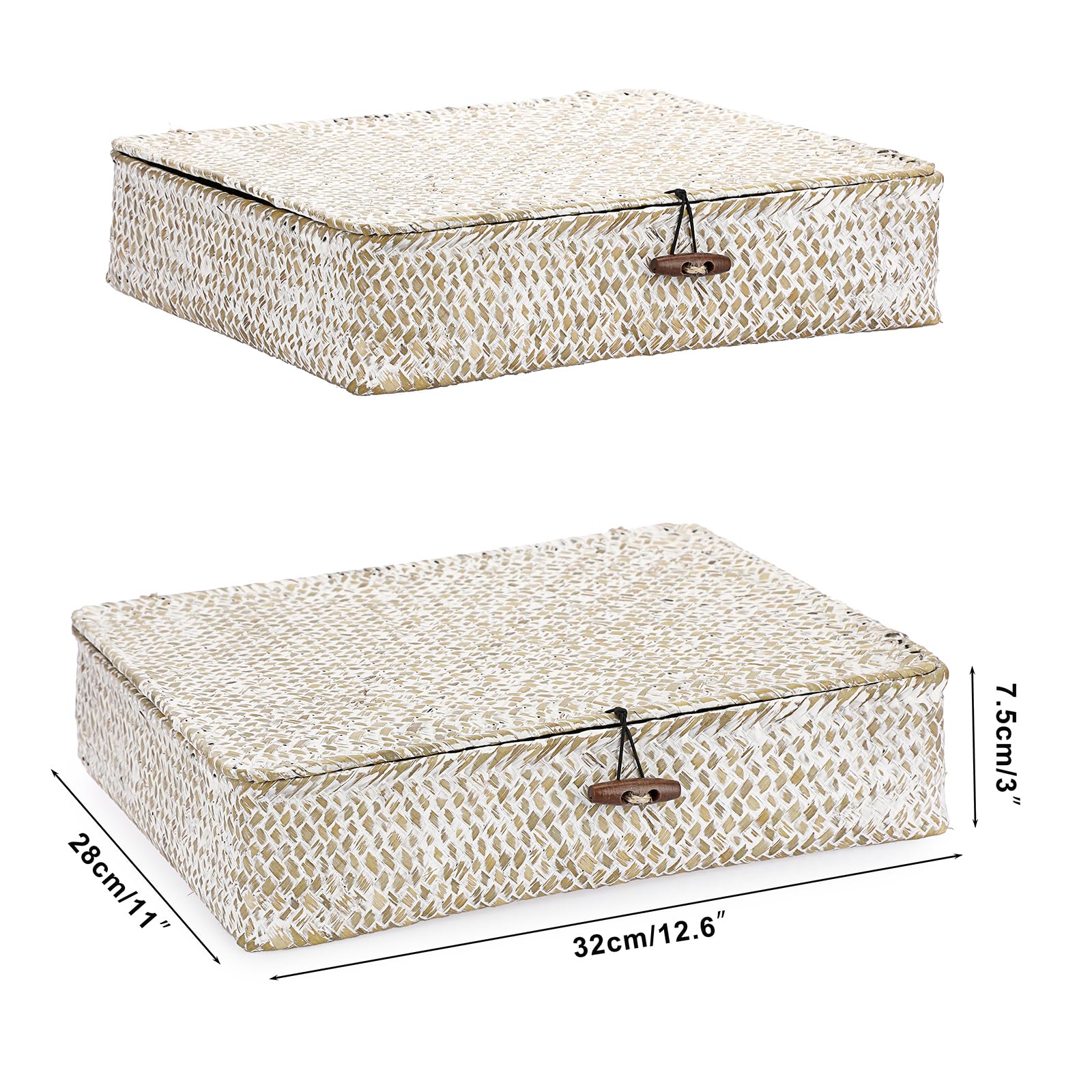 BTSKY 2 Pack Wicker Baskets With Lids Flat Woven Storage Bins for Shelf Organizing Natural Seagrass Storage Baskets with Lids Home Utility Organizer Box for Home & Office Supplies, Whitewash (Large)