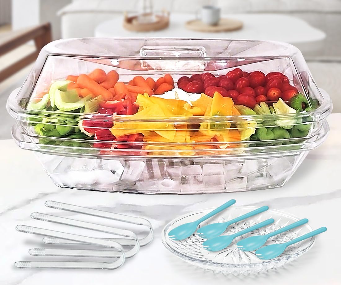 INNOVATIVE LIFE High-end Veggie Fruit Tray with Lid, Ice Chilled Vegetable Serving Platter with Ice Tray on Bottom, Perfect for Entertaining, Parties and Buffet, Clear