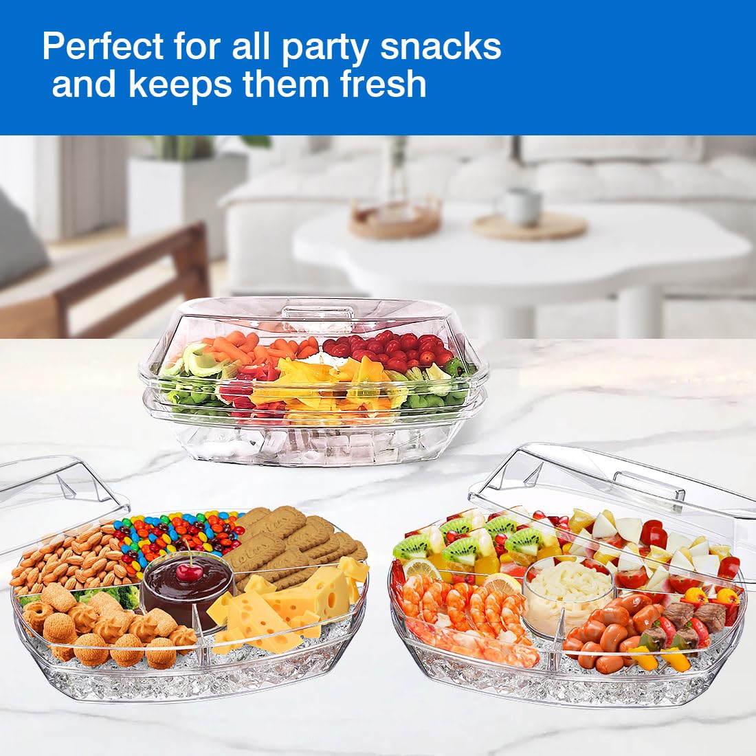 INNOVATIVE LIFE High-end Veggie Fruit Tray with Lid, Ice Chilled Vegetable Serving Platter with Ice Tray on Bottom, Perfect for Entertaining, Parties and Buffet, Clear