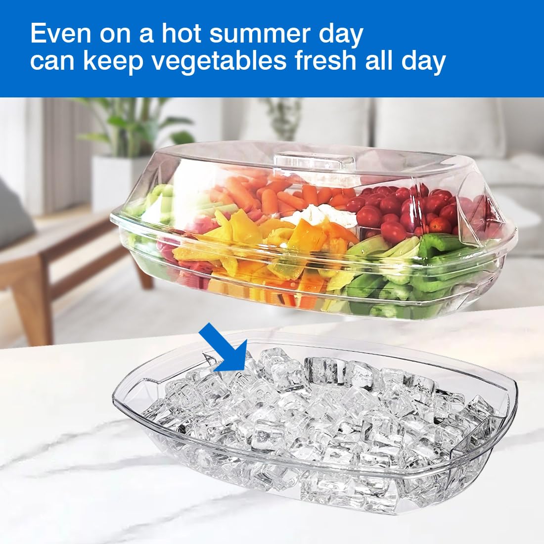 INNOVATIVE LIFE High-end Veggie Fruit Tray with Lid, Ice Chilled Vegetable Serving Platter with Ice Tray on Bottom, Perfect for Entertaining, Parties and Buffet, Clear