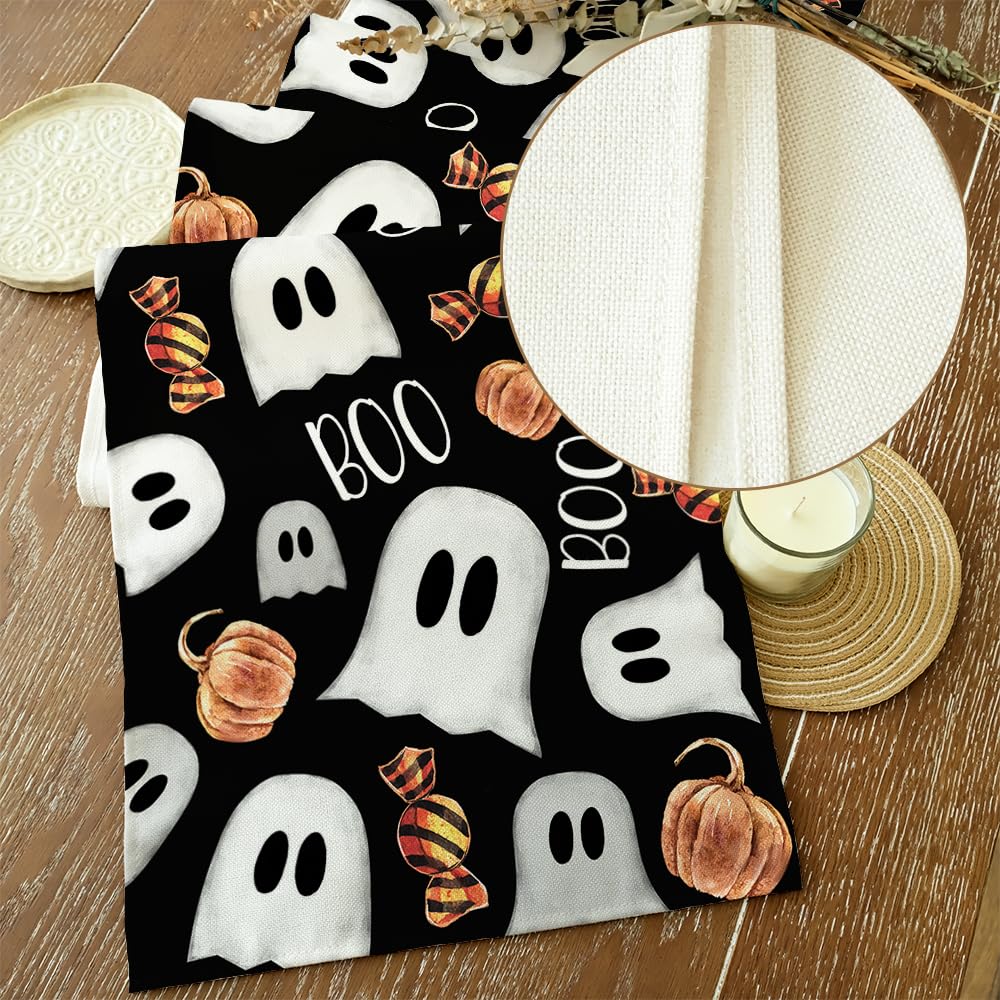 ARKENY Halloween Table Runner 13x72 Inches,Pumpkin Spooky Ghost Candy Boo,Seasonal Burlap Farmhouse Indoor Kitchen Dining Table Decorations for Home Party AT455-72