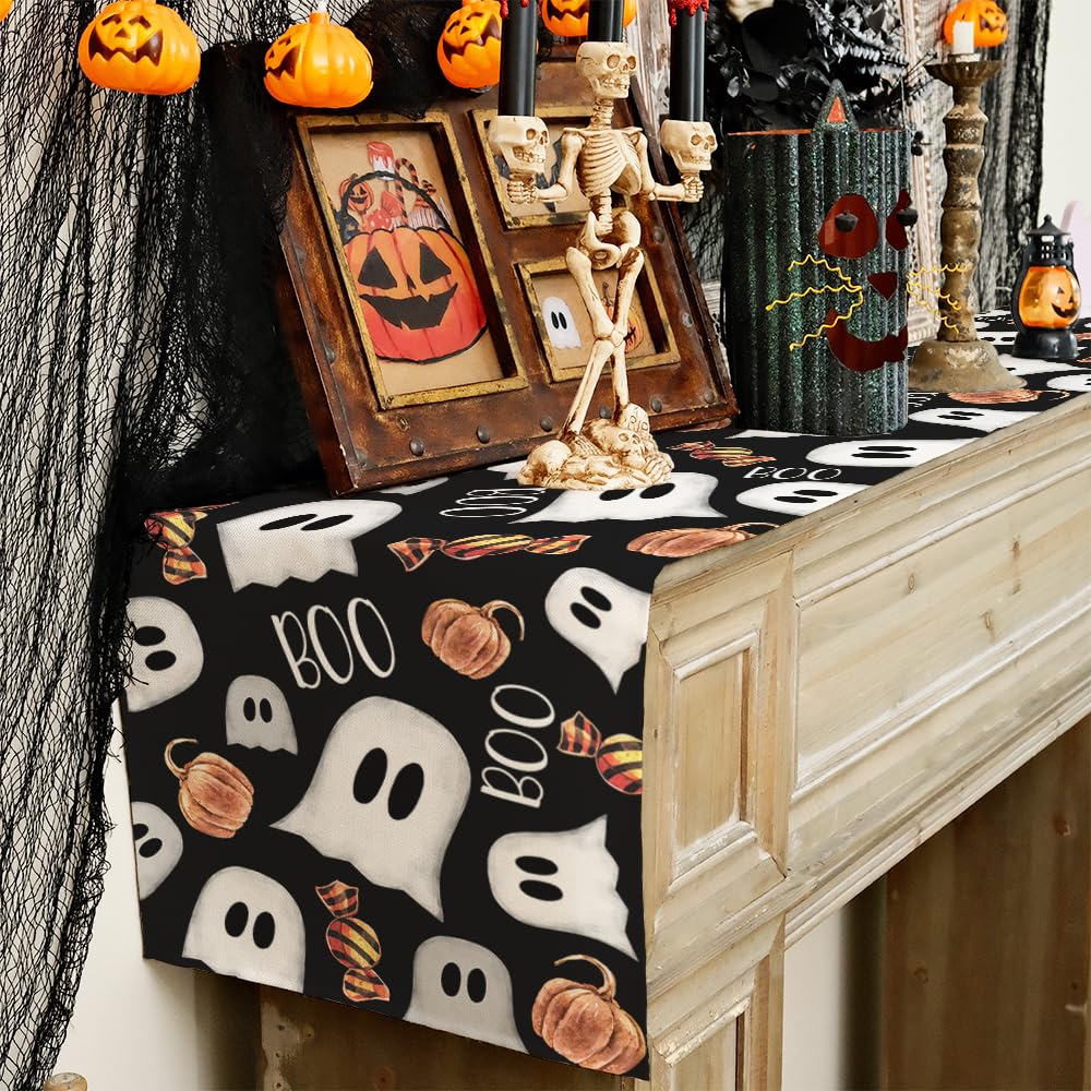 ARKENY Halloween Table Runner 13x72 Inches,Pumpkin Spooky Ghost Candy Boo,Seasonal Burlap Farmhouse Indoor Kitchen Dining Table Decorations for Home Party AT455-72