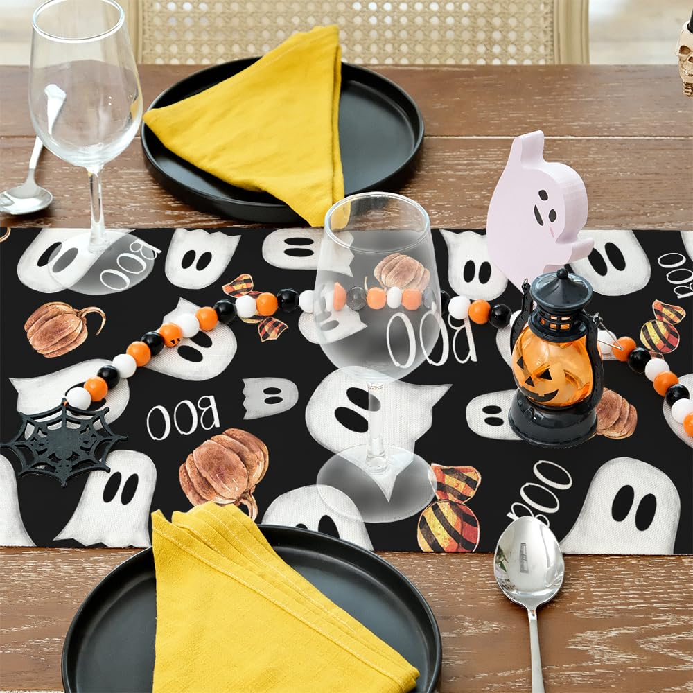 ARKENY Halloween Table Runner 13x72 Inches,Pumpkin Spooky Ghost Candy Boo,Seasonal Burlap Farmhouse Indoor Kitchen Dining Table Decorations for Home Party AT455-72