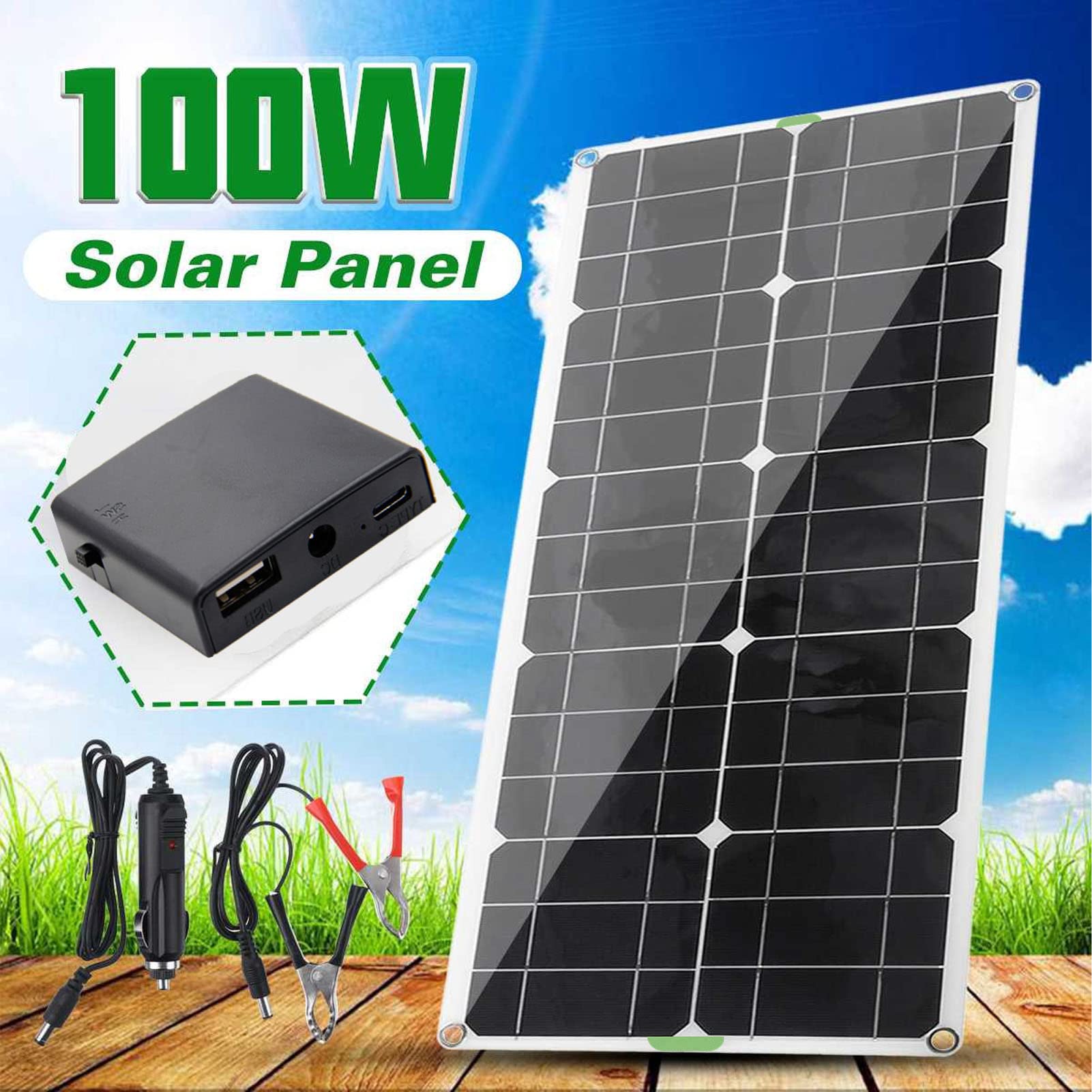 100W 12V Solar Panel Kit Battery Charger, Portable Flexible 100W Monocrystalline Solar Panel with Cigarette Lighter Plug, 12 Volt Off Grid System for Car Boat Automotive RV Trucks