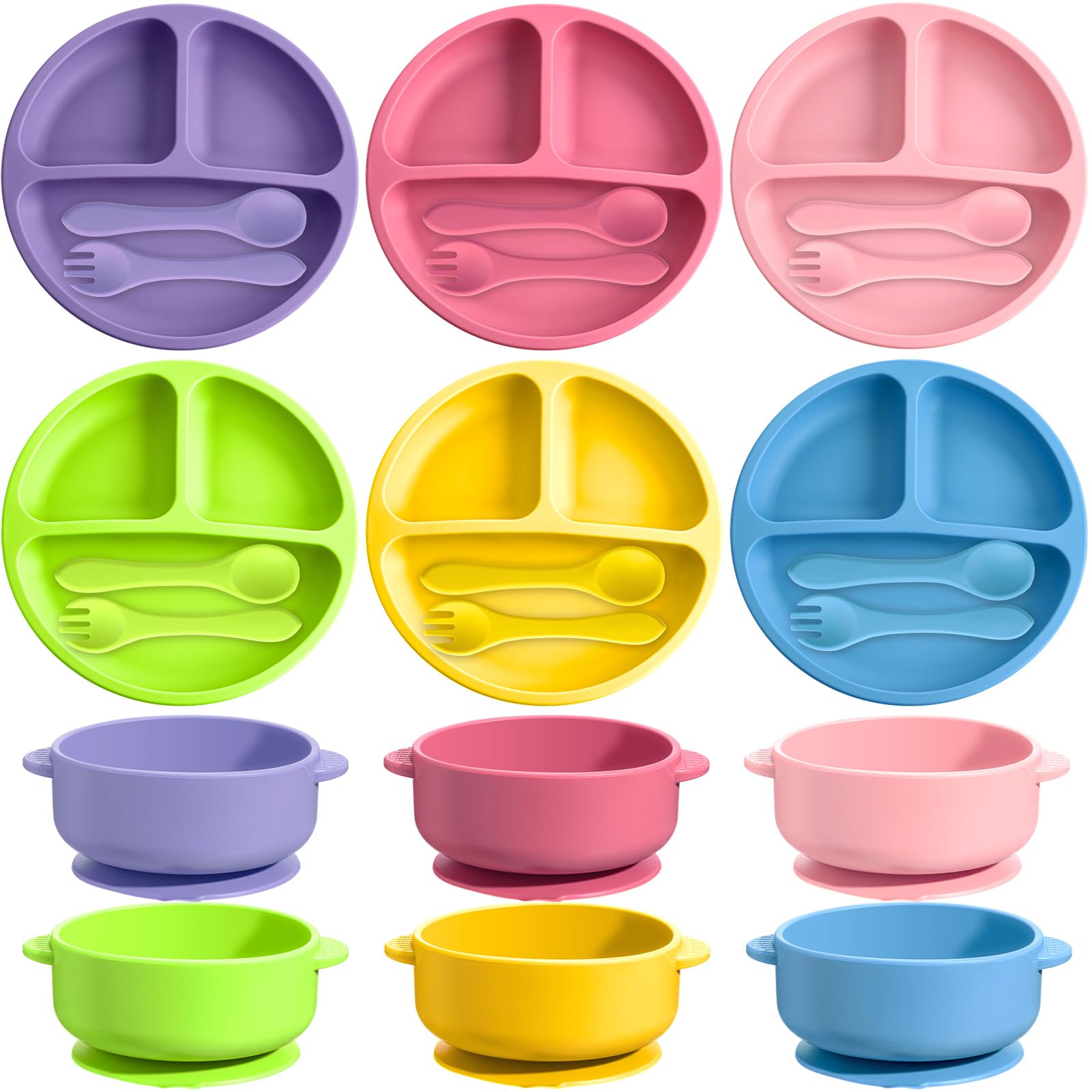 Dandat 24 Pcs Silicone Baby Feeding Set, 6 Baby Toddler Suction Bowls 6 Divided Suction Plates with 6 Forks 6 Spoons, Baby Utensils Set for Weaning Infant Feeding and Eating, 6 Styles (Bright Color)