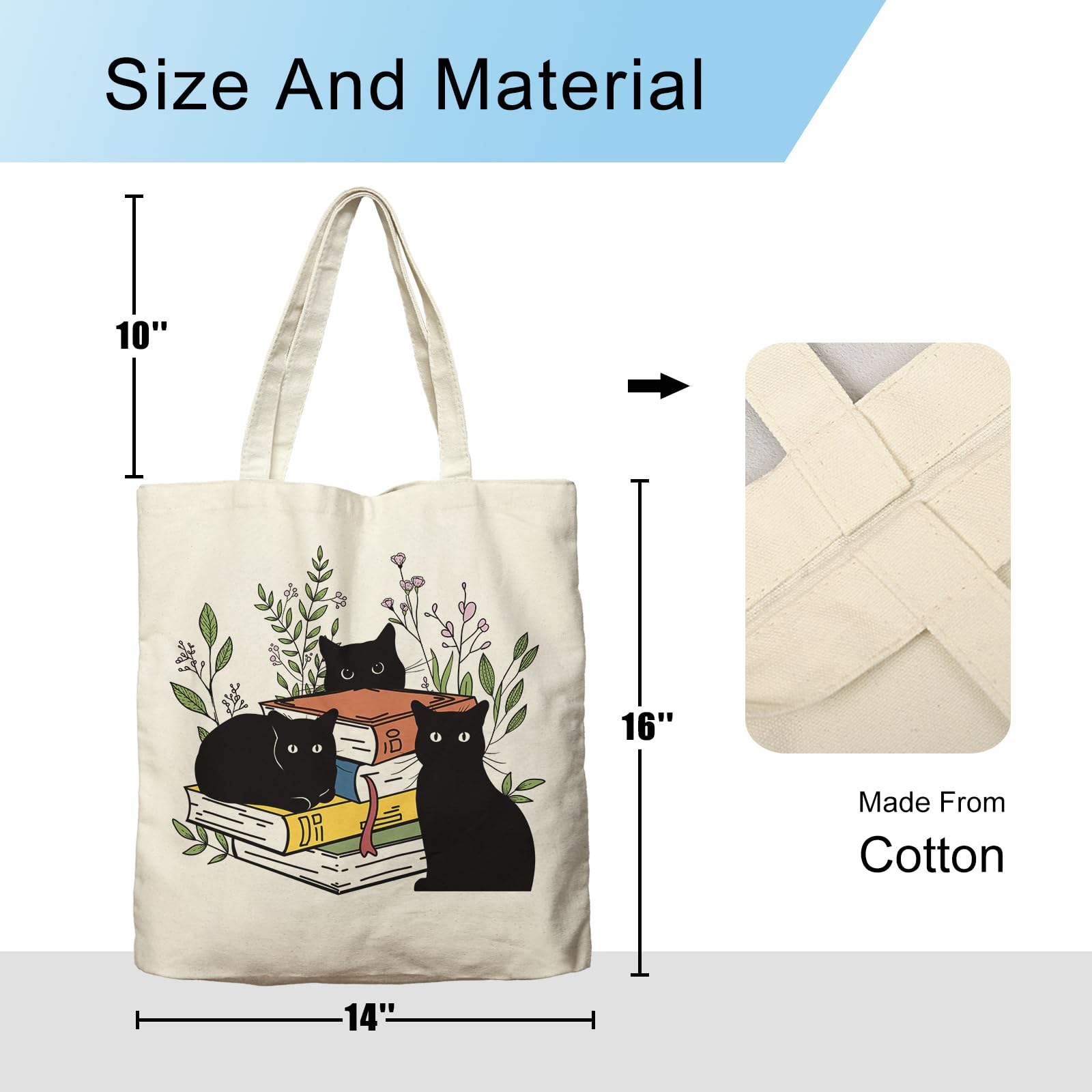 Dlzdn Black Cat Canvas Tote Bag For Women Aesthetic Cute Cat Floral Book Tote Bag Shopping Grocery Bag Beach Bag Gifts for Women Teacher Bag Reusable Grocery Bag