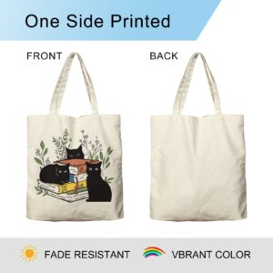 Dlzdn Black Cat Canvas Tote Bag For Women Aesthetic Cute Cat Floral Book Tote Bag Shopping Grocery Bag Beach Bag Gifts for Women Teacher Bag Reusable Grocery Bag