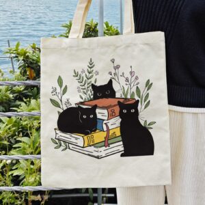 Dlzdn Black Cat Canvas Tote Bag For Women Aesthetic Cute Cat Floral Book Tote Bag Shopping Grocery Bag Beach Bag Gifts for Women Teacher Bag Reusable Grocery Bag