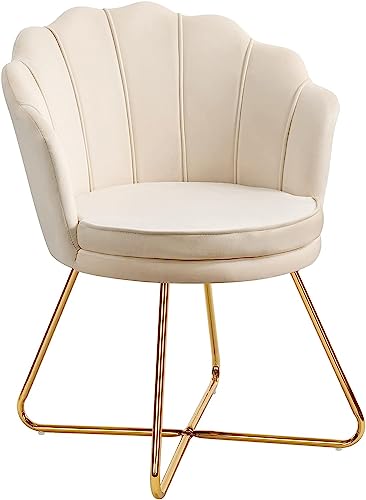 Furnimart Upholstered Accent Chair Living Room Chair, Velvet Curved Vanity Chair with Gold Plating Legs, Compy Cute Chairs for Bedroom, Living Room, Office, Guest Reception (Khaki)