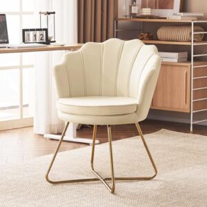 Furnimart Upholstered Accent Chair Living Room Chair, Velvet Curved Vanity Chair with Gold Plating Legs, Compy Cute Chairs for Bedroom, Living Room, Office, Guest Reception (Khaki)