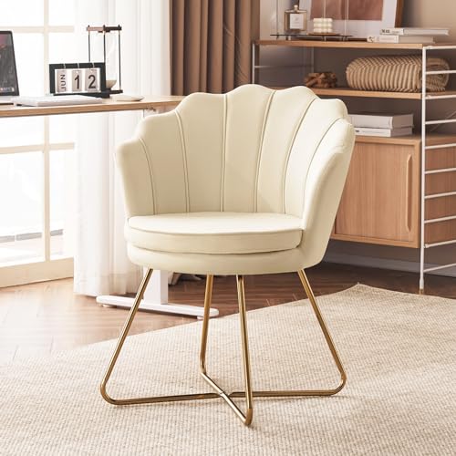 Furnimart Upholstered Accent Chair Living Room Chair, Velvet Curved Vanity Chair with Gold Plating Legs, Compy Cute Chairs for Bedroom, Living Room, Office, Guest Reception (Khaki)