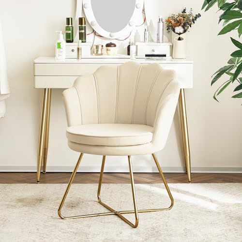 Furnimart Upholstered Accent Chair Living Room Chair, Velvet Curved Vanity Chair with Gold Plating Legs, Compy Cute Chairs for Bedroom, Living Room, Office, Guest Reception (Khaki)