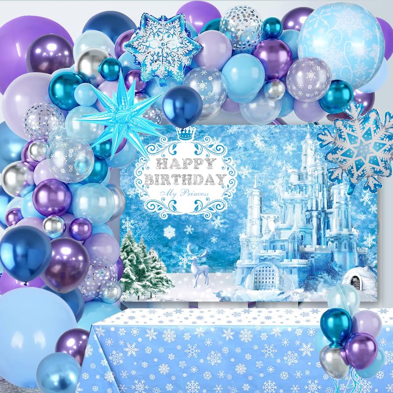 Lnkdeya Frozen Birthday Party Decorations for Girls -138Pcs Frozen Balloon Garland Arch Kit with Wonderland Backdrop Snowflake Tablecloth Foil Confetti Balloons for Winter Princess Girls