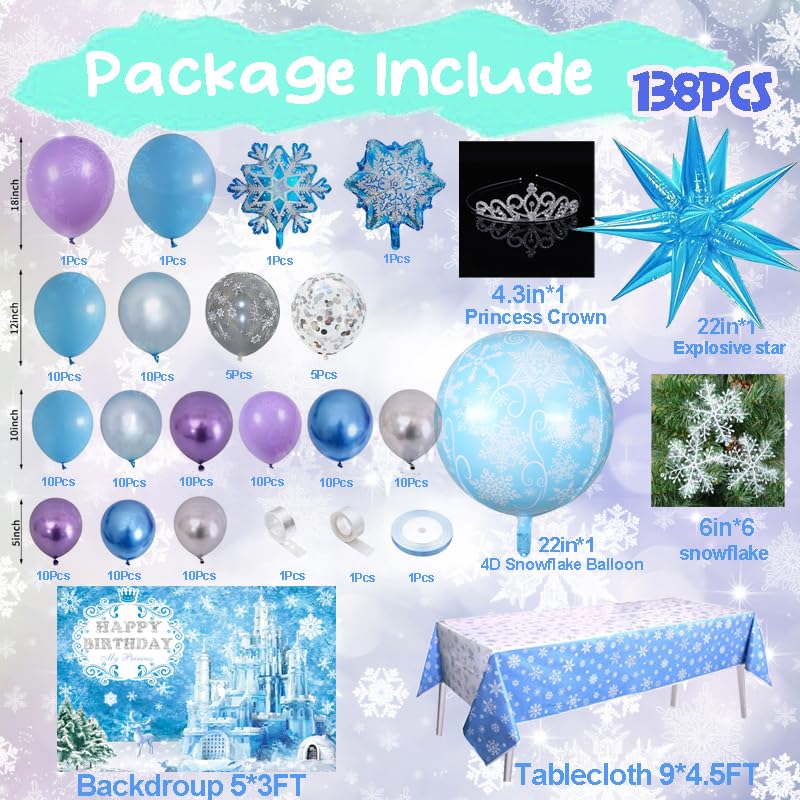 Lnkdeya Frozen Birthday Party Decorations for Girls -138Pcs Frozen Balloon Garland Arch Kit with Wonderland Backdrop Snowflake Tablecloth Foil Confetti Balloons for Winter Princess Girls