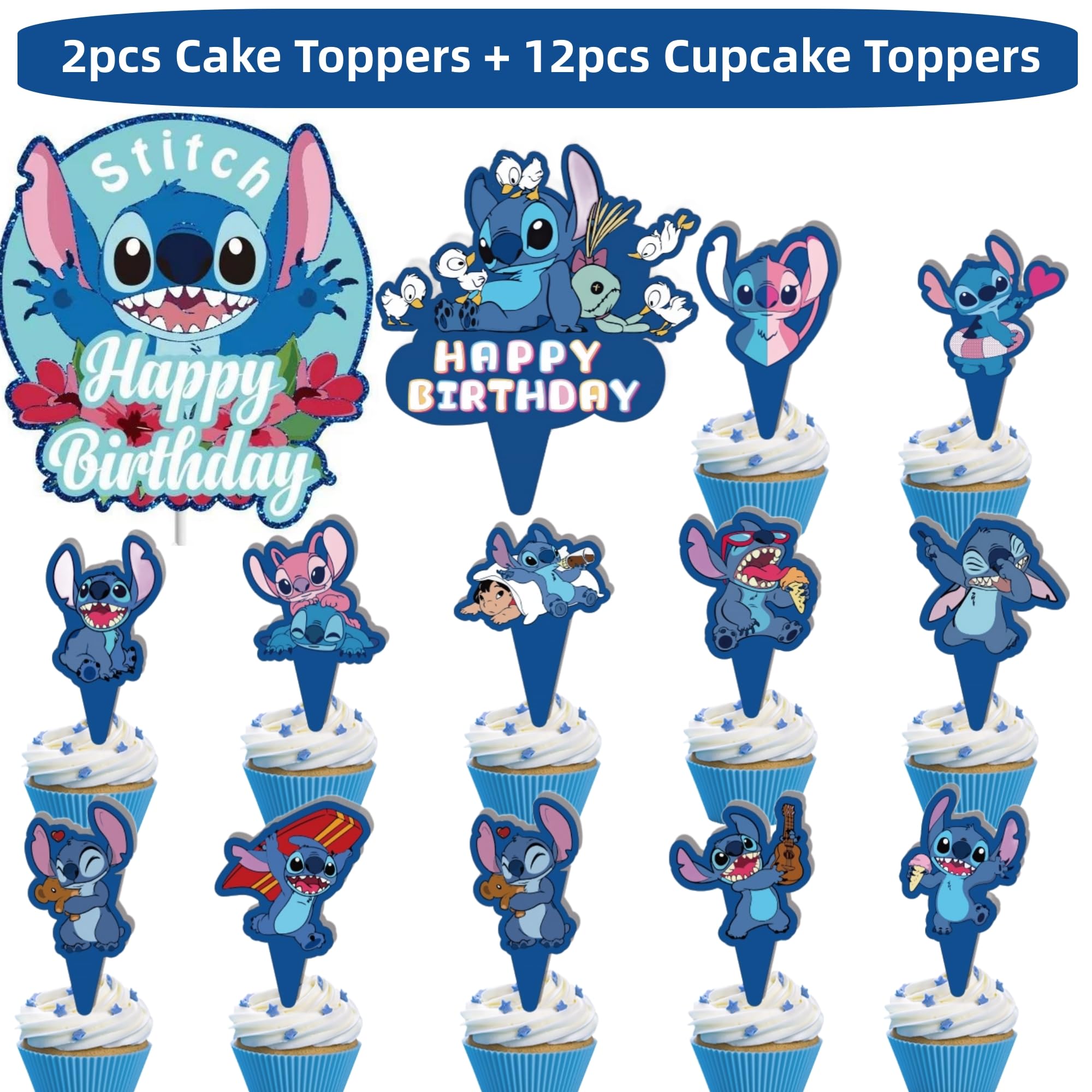 Cartoon Cake Topper, 14PCS Cupcake Toppers Happy Birthday Cake Topper Blue Cake decorations, Cake Topper Birthday Party Supplies