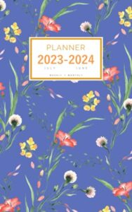 planner july 2023-2024 june: 5x8 weekly and monthly organizer small | watercolor natural wildflower design blue