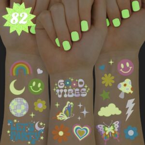 xo, fetti groovy disco glow in dark + foil temporary tattoos - 82 pc | flower power birthday party supplies, rave bachelorette party favors, smiley decorations, y2k, rainbow arts and crafts