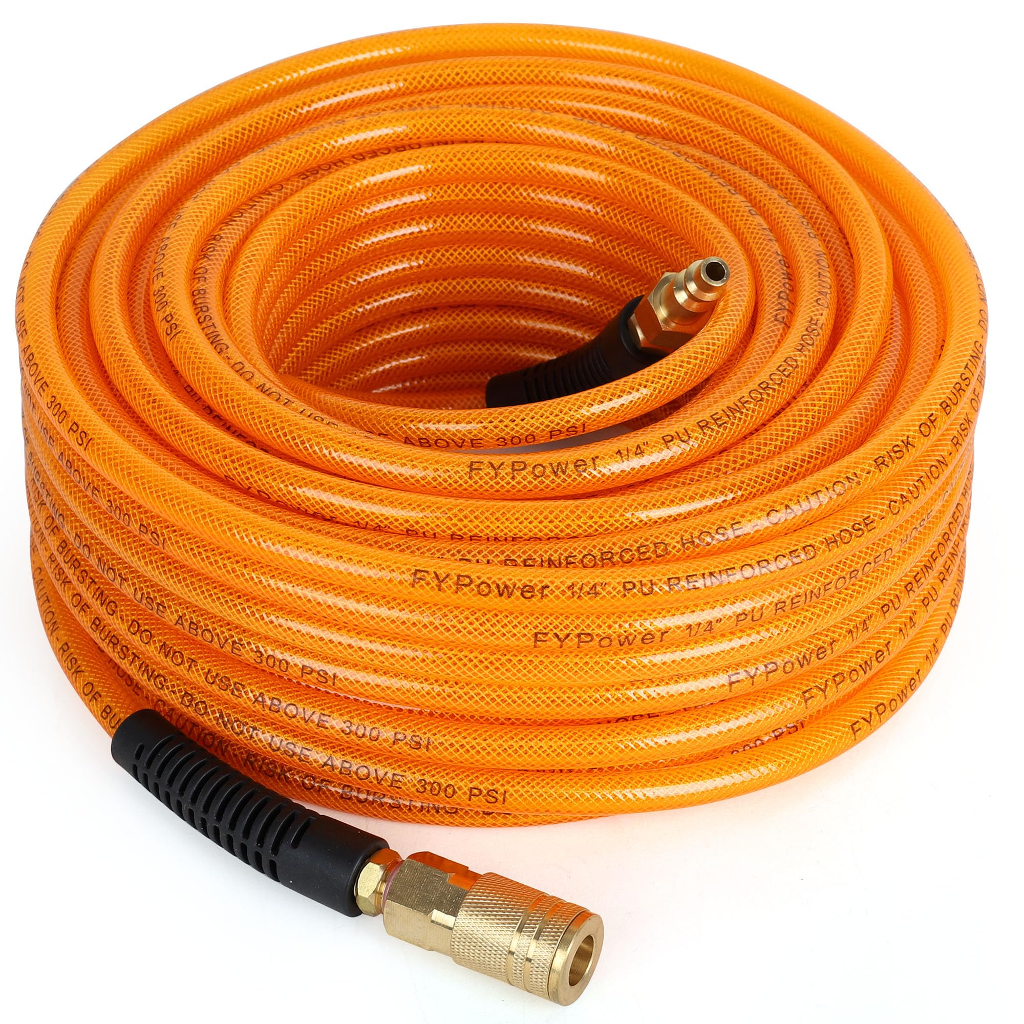 FYPower Air Compressor Hose 1/4 Inch x 100 Feet Flexeel Reinforced Polyurethane (PU) Air Hose with Fittings, Bend Restrictors, 1/4" Industrial Quick Coupler and Plug Kit