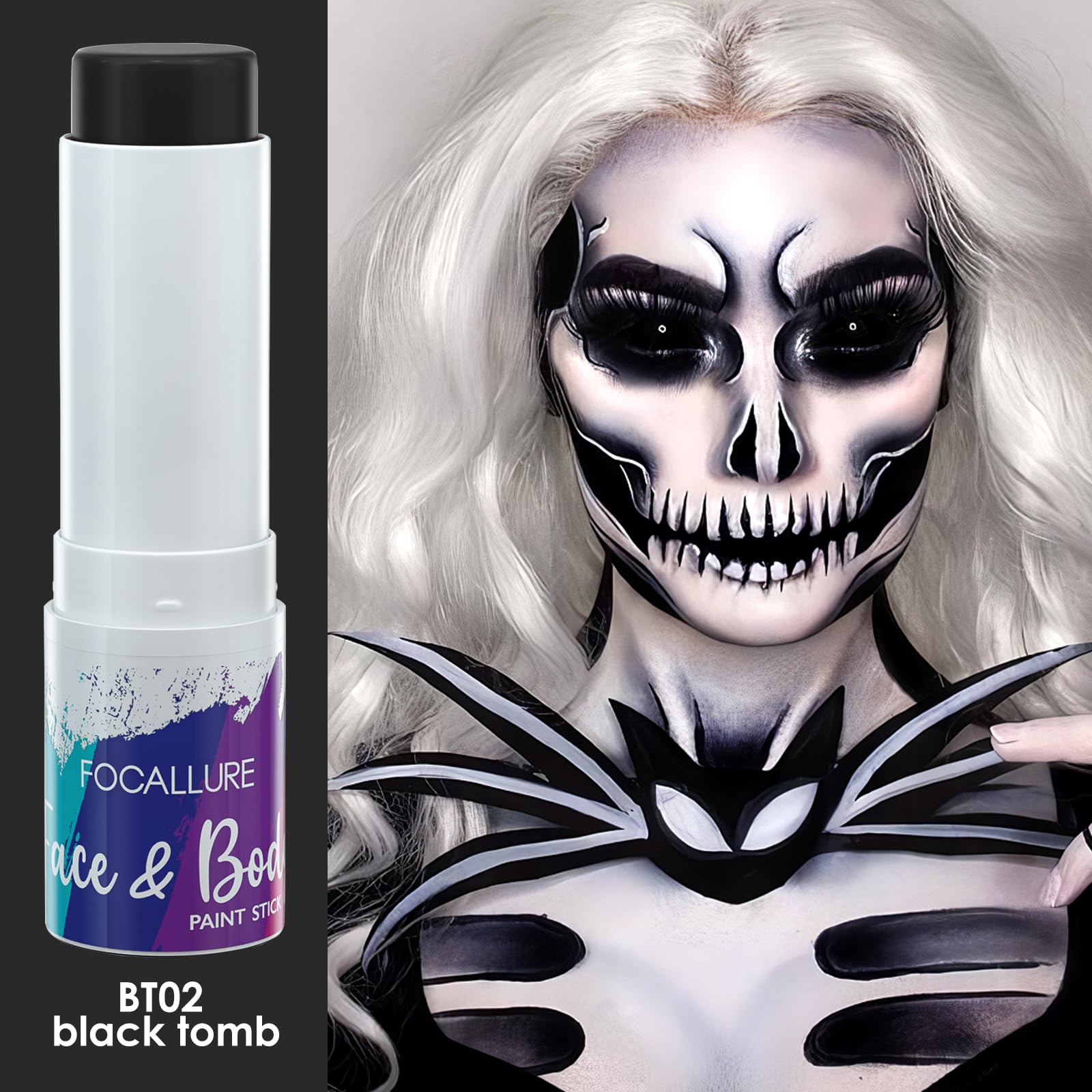 FOCALLURE Face Body Paint Stick,Eye Black Stick for Sports,Face Painting Kit Professional Hypoallergenic Foundation Makeup for Halloween Cosplay SFX Costume Party,Black Tomb