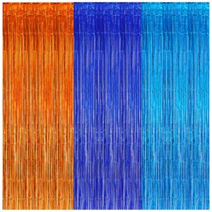 blue and orange foil fringe curtains, blue orange dog birthday party supplies blue orange and light blue streamer backdrop tinsel photo booth prop for blue orange dog party decoration (3pack)