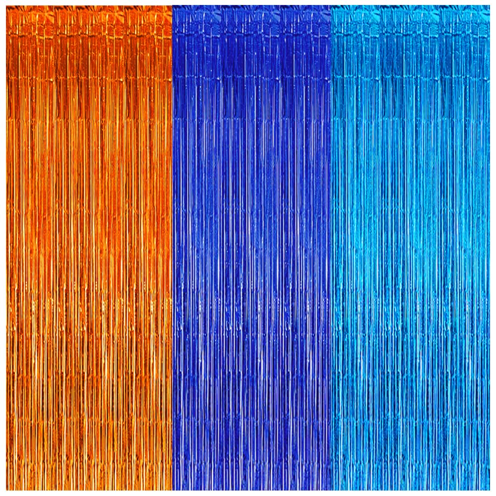 Blue and Orange Foil Fringe Curtains, Blue Orange Dog Birthday Party Supplies Blue Orange and Light Blue Streamer Backdrop Tinsel Photo Booth Prop for Blue Orange Dog Party Decoration (3Pack)