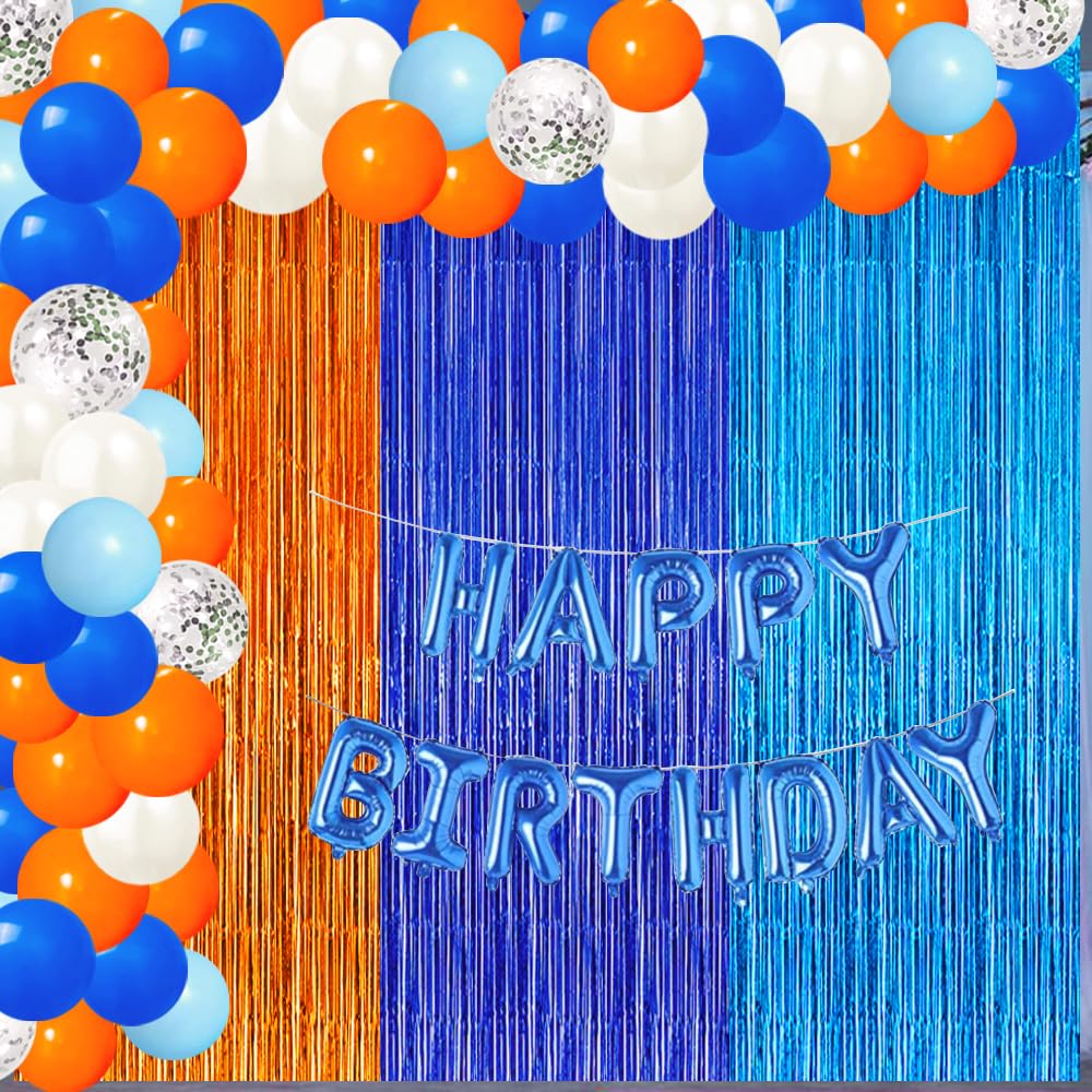 Blue and Orange Foil Fringe Curtains, Blue Orange Dog Birthday Party Supplies Blue Orange and Light Blue Streamer Backdrop Tinsel Photo Booth Prop for Blue Orange Dog Party Decoration (3Pack)