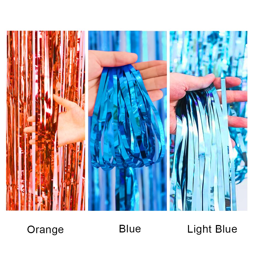 Blue and Orange Foil Fringe Curtains, Blue Orange Dog Birthday Party Supplies Blue Orange and Light Blue Streamer Backdrop Tinsel Photo Booth Prop for Blue Orange Dog Party Decoration (3Pack)