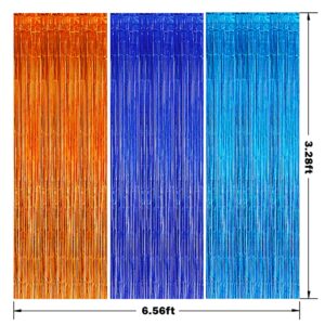 Blue and Orange Foil Fringe Curtains, Blue Orange Dog Birthday Party Supplies Blue Orange and Light Blue Streamer Backdrop Tinsel Photo Booth Prop for Blue Orange Dog Party Decoration (3Pack)