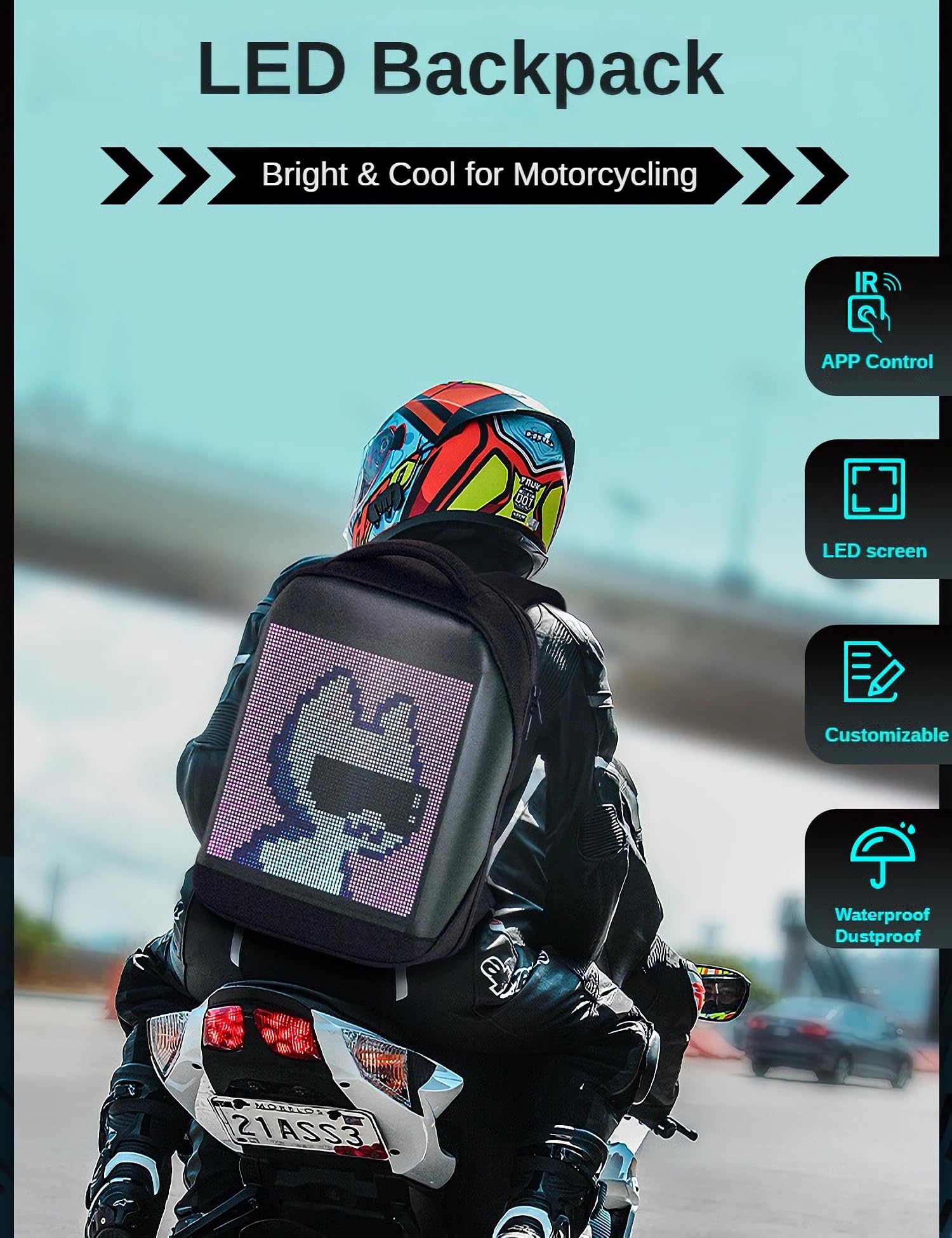 Taysem LED Backpack Motorcycle Backpack - Cool Laptop Backpacks for Men Smart LED Backpack with Programmable Pix Screen (A)