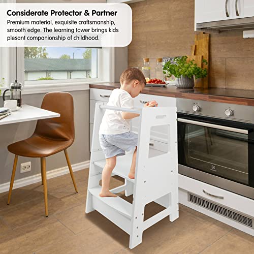 ECOMEX Standing Tower for Toddlers, Toddler Stool for Kitchen Counter Kids Kitchen Step Stool with Safety Rail Toddler Standing Tower with Adjustable Platform for Kitchen Counter, Elegant White