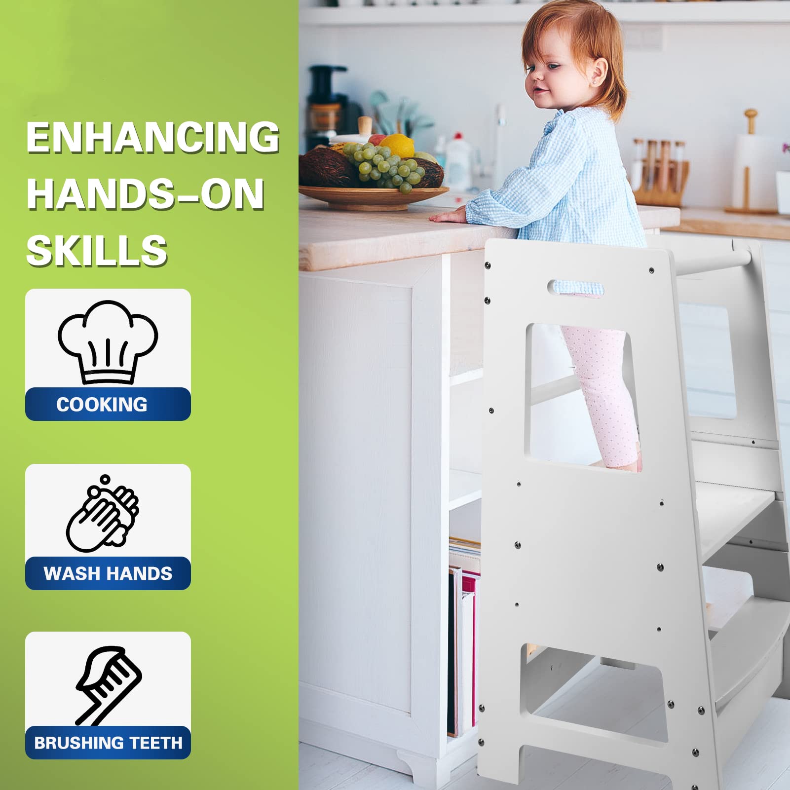 ECOMEX Standing Tower for Toddlers, Toddler Stool for Kitchen Counter Kids Kitchen Step Stool with Safety Rail Toddler Standing Tower with Adjustable Platform for Kitchen Counter, Elegant White