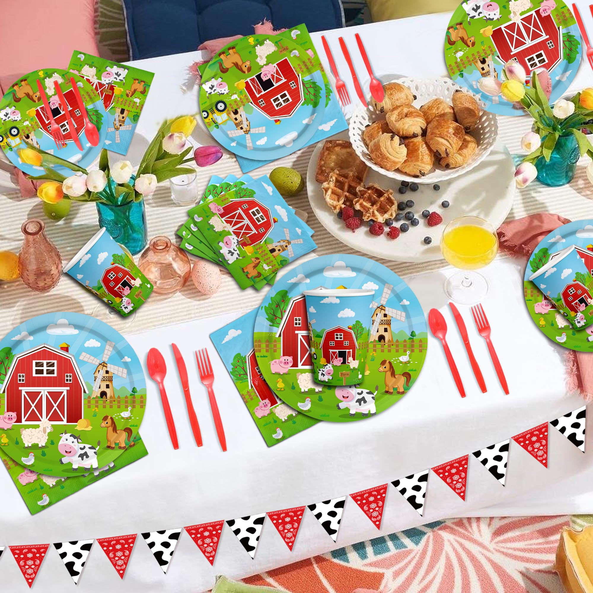 Farm Animal Birthday Party Decorations Farm Plates Tableware Barnyard Farm Birthday Party Supplies Serves 25 Farm Themed Cups, Farm Animal Napkins Red Knife/Fork/Spoon