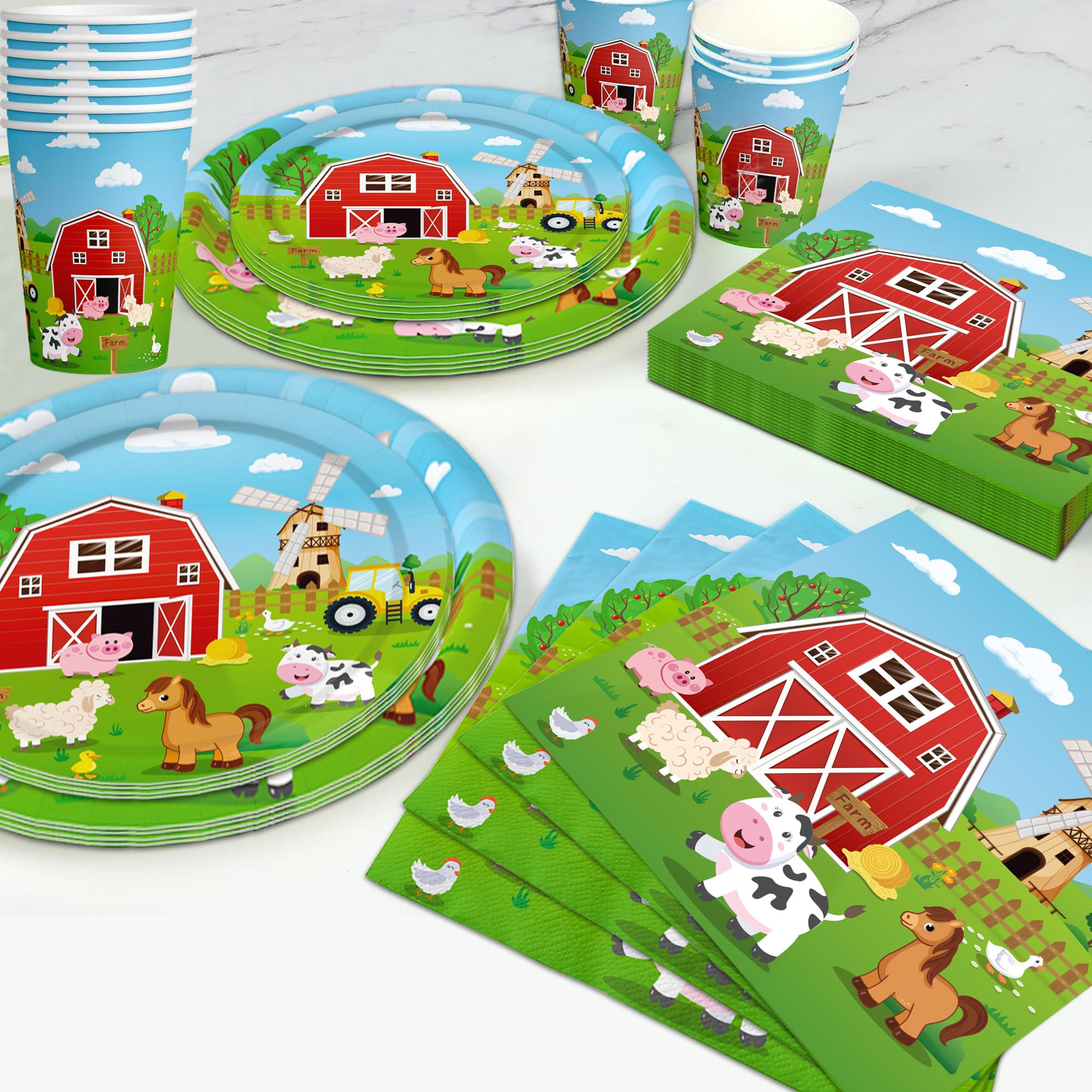 Farm Animal Birthday Party Decorations Farm Plates Tableware Barnyard Farm Birthday Party Supplies Serves 25 Farm Themed Cups, Farm Animal Napkins Red Knife/Fork/Spoon